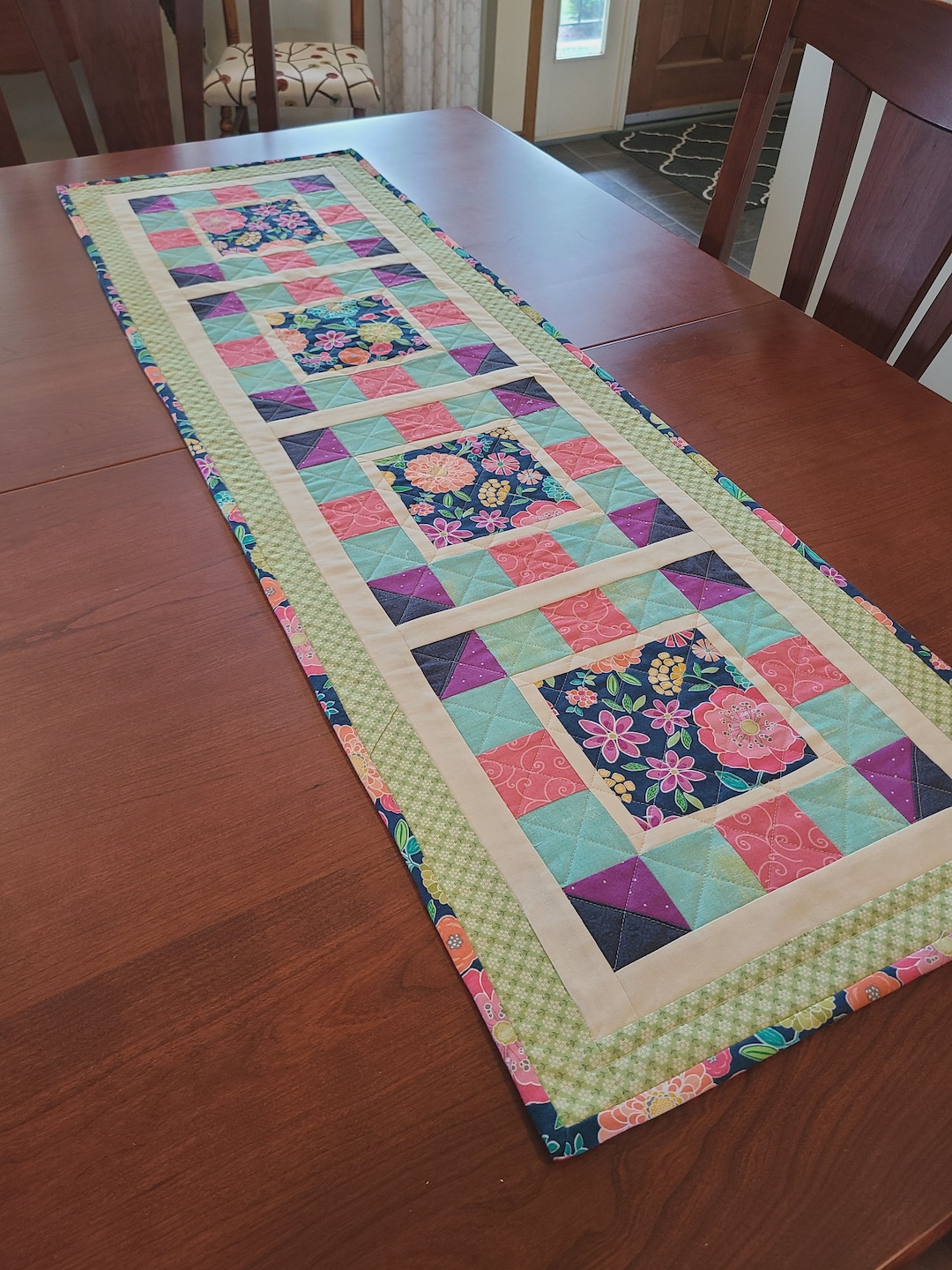 Quilted Table Topper With Floral Square. Multi Color Table Centerpiece ...