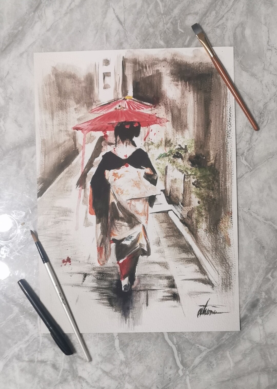Japanese Geisha Girl Print From Original Hand Painted Watercolour, A3 ...