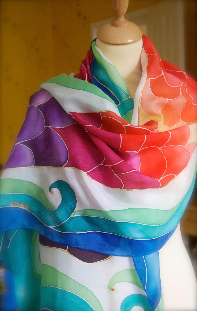 Scallops, Silk Scarf, Gift for Her, One of a Kind, Handpainted,spring ...