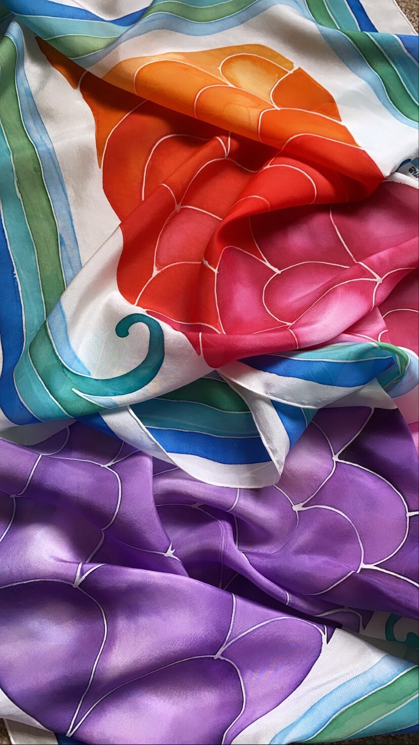 Scallops, Silk Scarf, Gift for Her, One of a Kind, Handpainted,spring ...