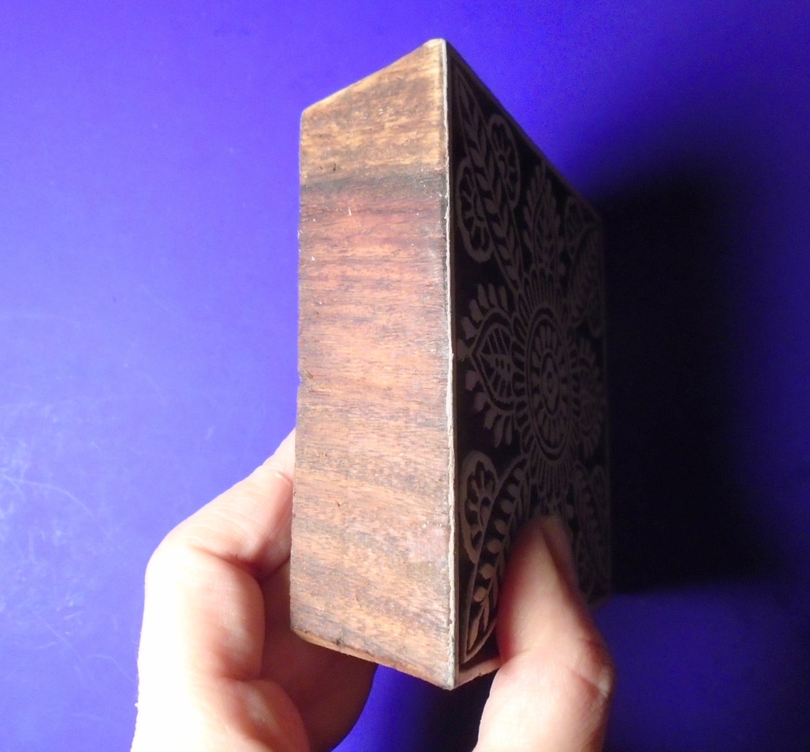 Large Square 4 Inch Hand Carved Wood Stamp Floral Motif Textile Clay ...