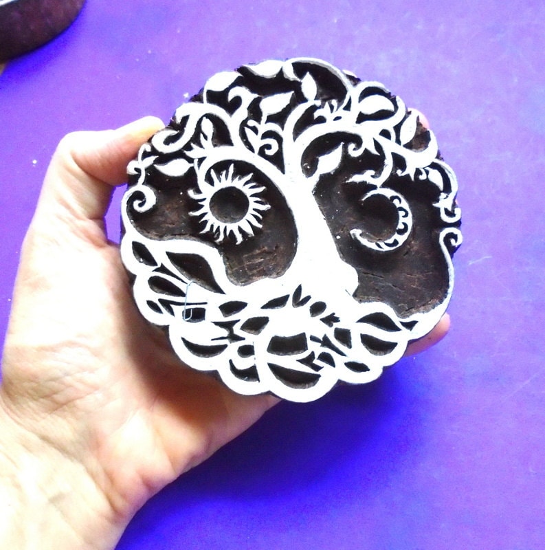 Sun and Moon Tree of Life Round Hand Carved Pottery Fabric | Etsy