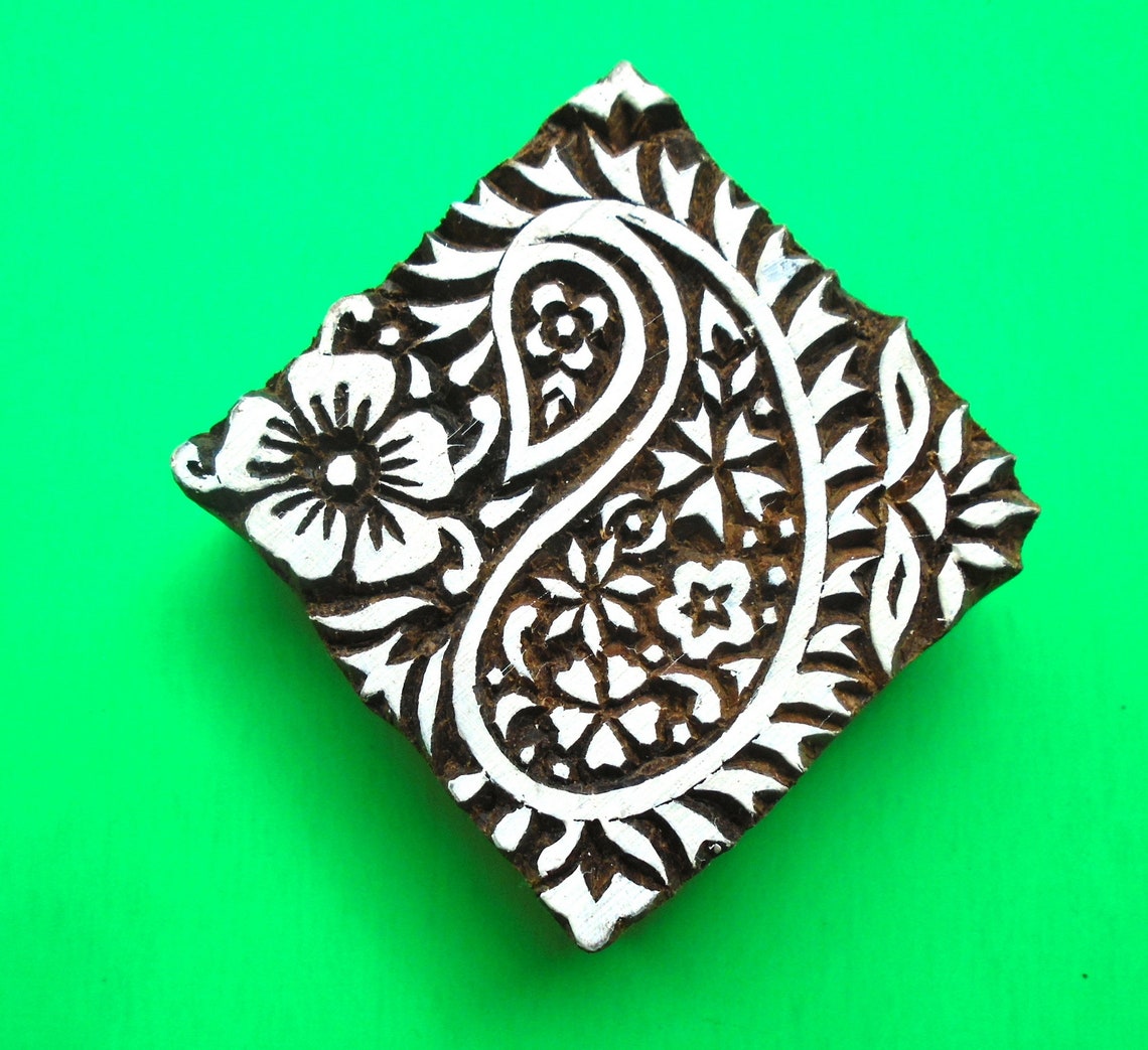 Hand Carved Large Leaf Paisley Square Indian Wood Stamp Textile Fabric ...