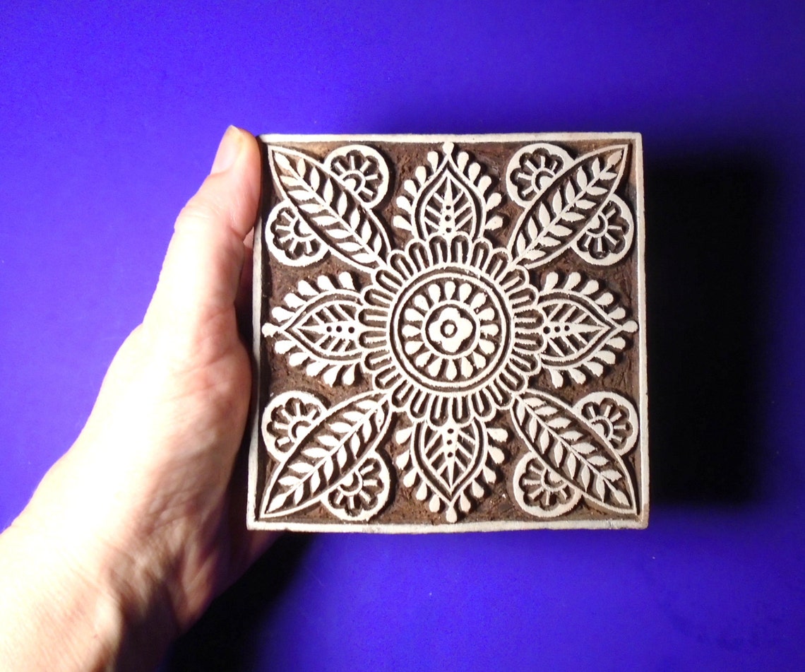 Large Square 4 Inch Hand Carved Wood Stamp Floral Motif Textile Clay ...