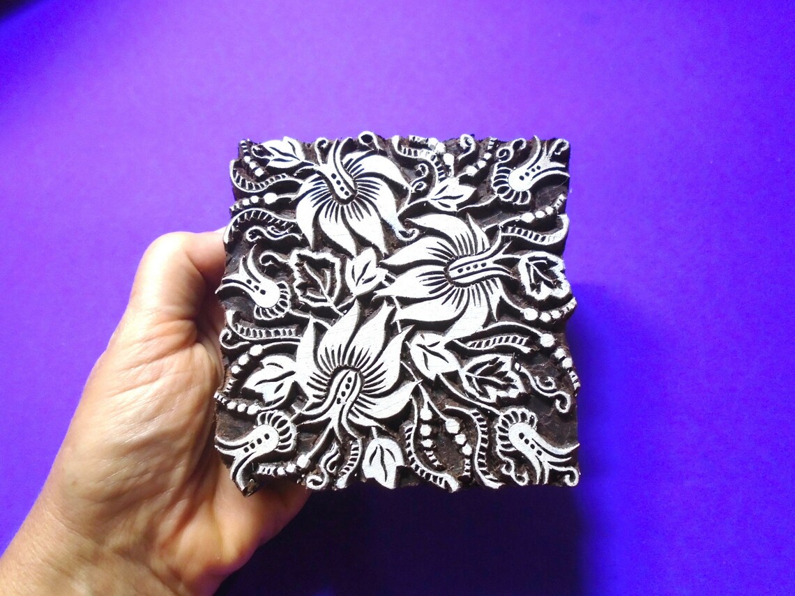 Hand Carved Large Square Wood Stamp Large Floral Flower Leaf Textile ...
