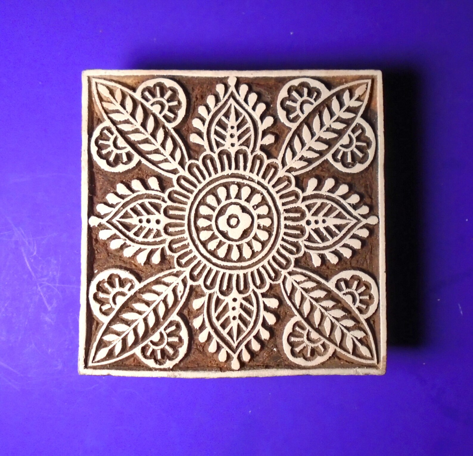 Large Square 4 Inch Hand Carved Wood Stamp Floral Motif Textile Clay ...