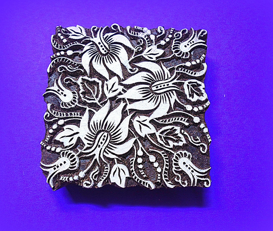 Hand Carved Large Square Wood Stamp Large Floral Flower Leaf Textile ...