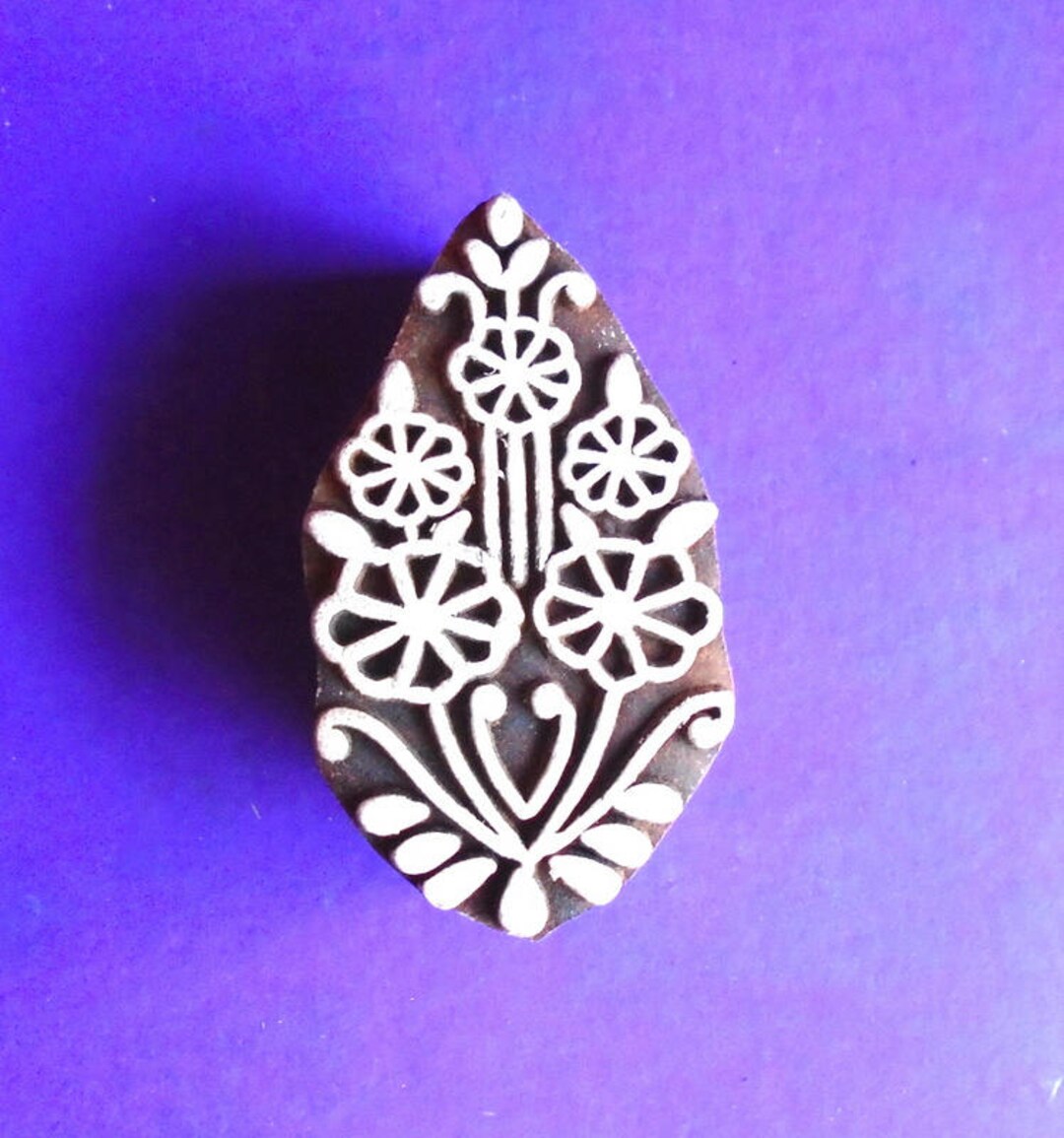Symmetrical Flower Wood Art Deco Carved Stamp Floral Indian Fabric Clay ...
