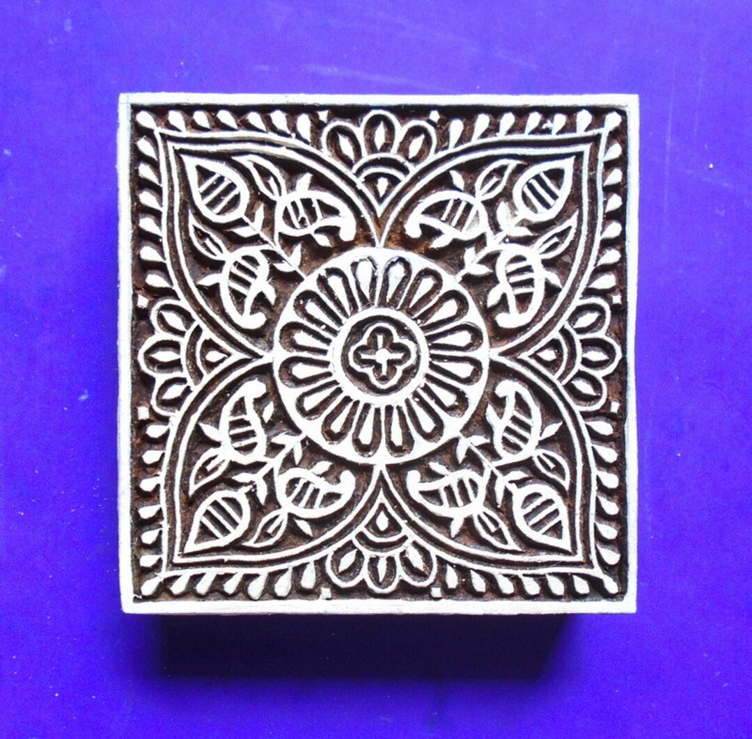 Hand Carved Large Square 4 Inch Wood Stamp Big Floral Textile Indian ...