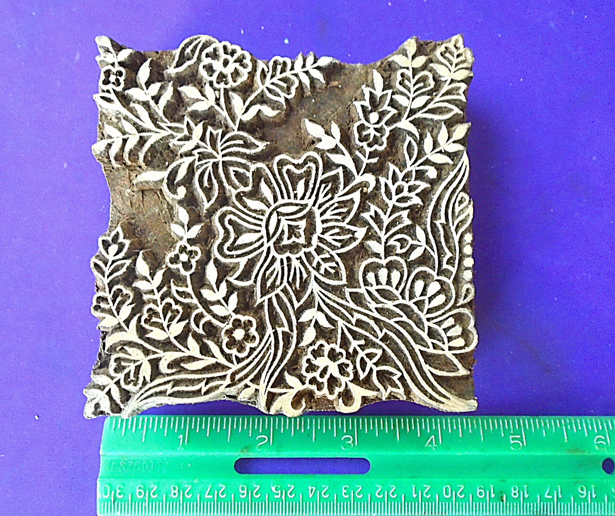 Hand Carved Large Square 4 Inch Wood Stamp Large Floral Textile Indian ...