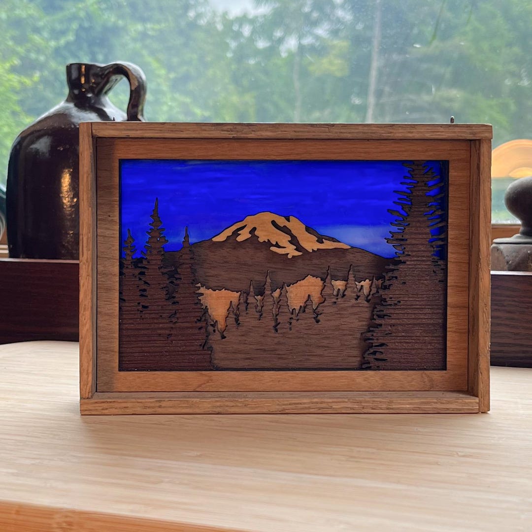 Mount Rainier Stained Glass Sun Catcher: Rustic Oak Frame, Pacific ...