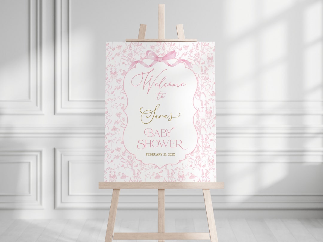 Pink Bow Baby Shower Girl Customized Welcome Sign, Toile De Jouy Baby ...