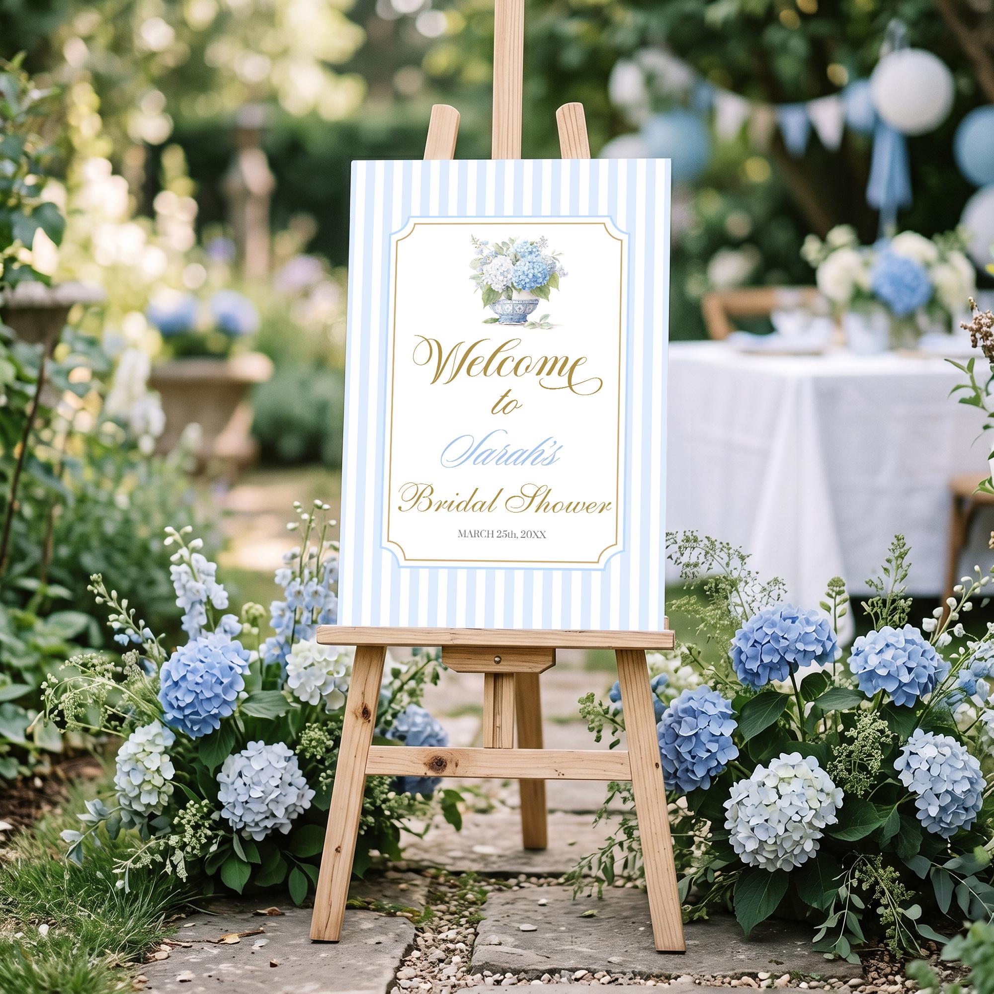Blue Hydrangea Welcome Sign for Bridal Shower: Grand Millennial Preppy ...