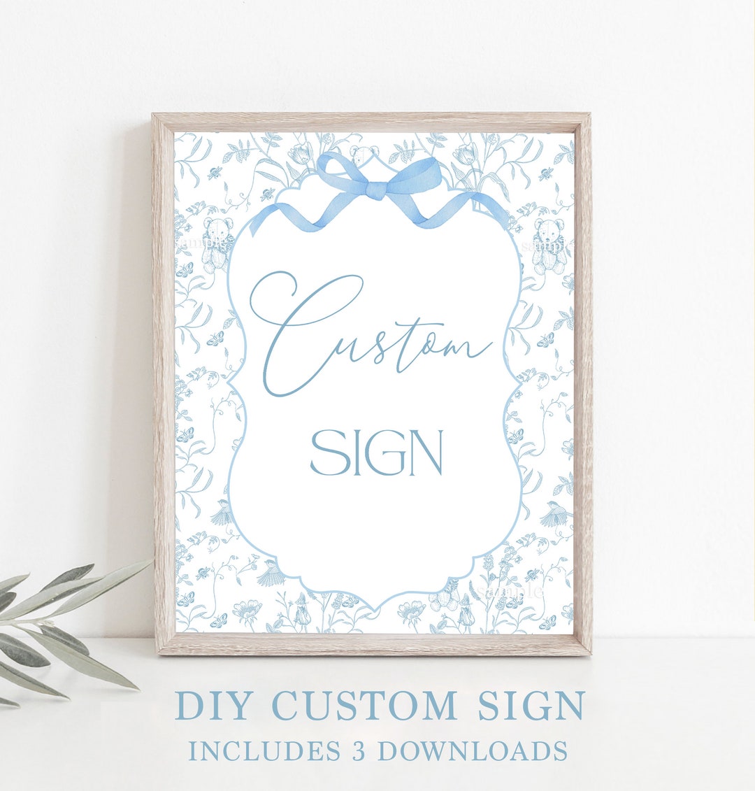 Blue Bow Baby Shower Boy Custom Sign, Toile De Jouy Baby Shower Boy DIY ...
