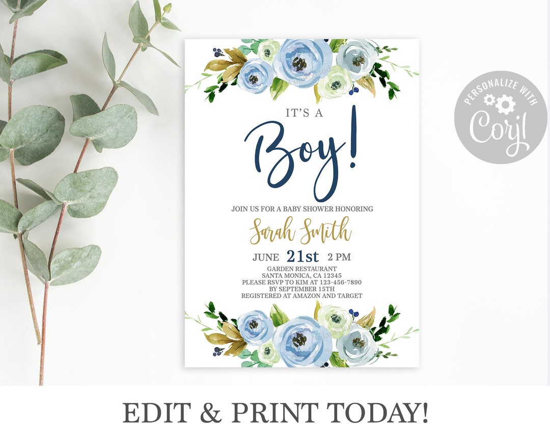 Floral Blue Baby Shower Invitation Boy, It's a Boy Invite, Corjl ...