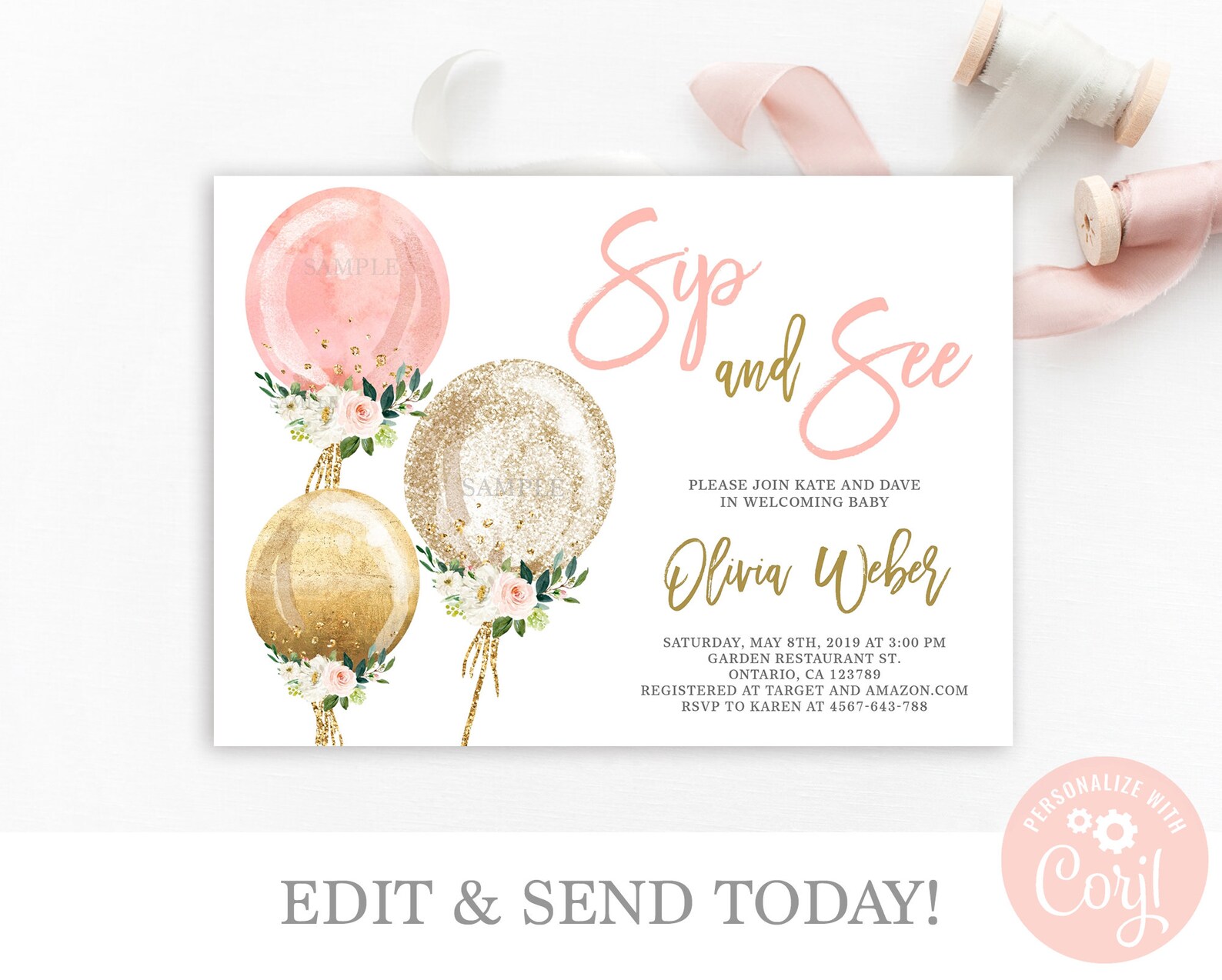 Sip and See Baby Shower Invitation Girl Instant Download | Etsy