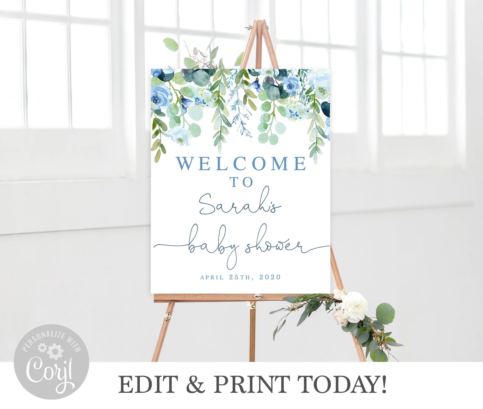 Baby Shower Boy Welcome Sign Blue Floral Baby Shower | Etsy