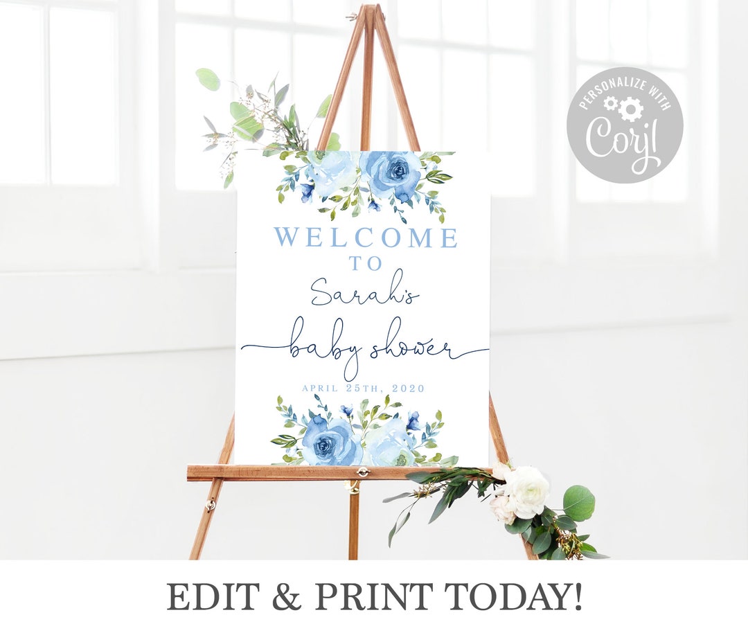 Baby Boy Welcome Sign, Blue Floral Baby Shower Boy Sign, Instant ...