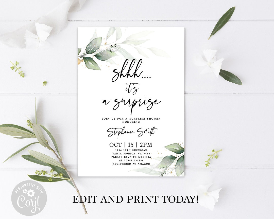 Shhh Surprise Greenery Bridal Shower Invitation, Bridal Shower ...