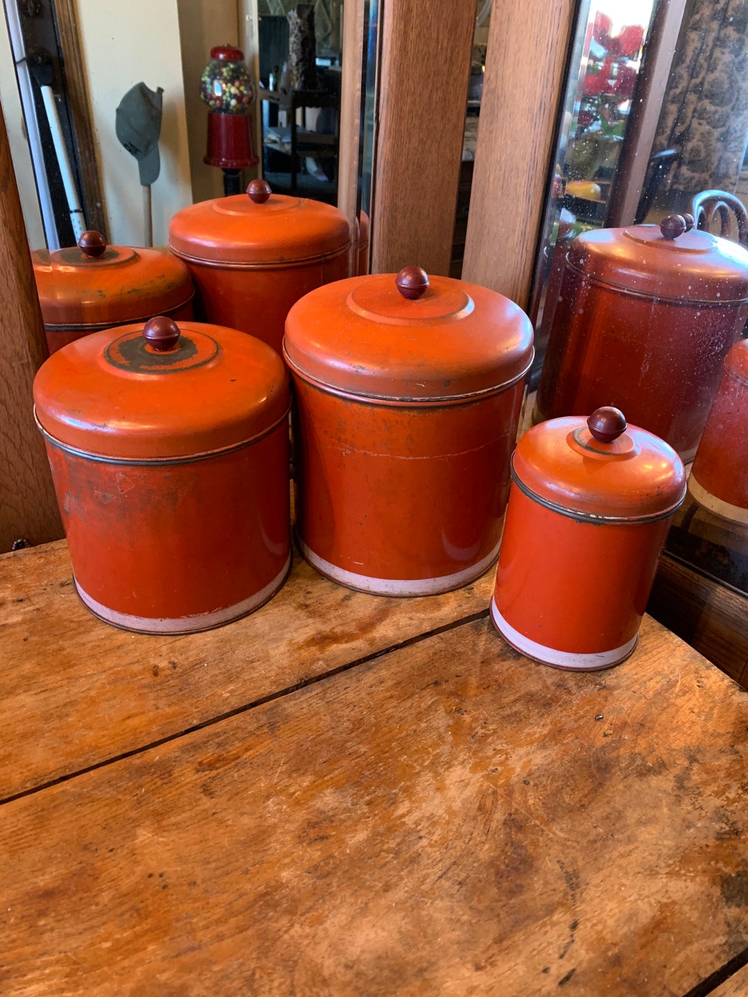 Vintage Heavy Tin/steel Unmarked Art Deco 3-can Canister Set - Red With ...