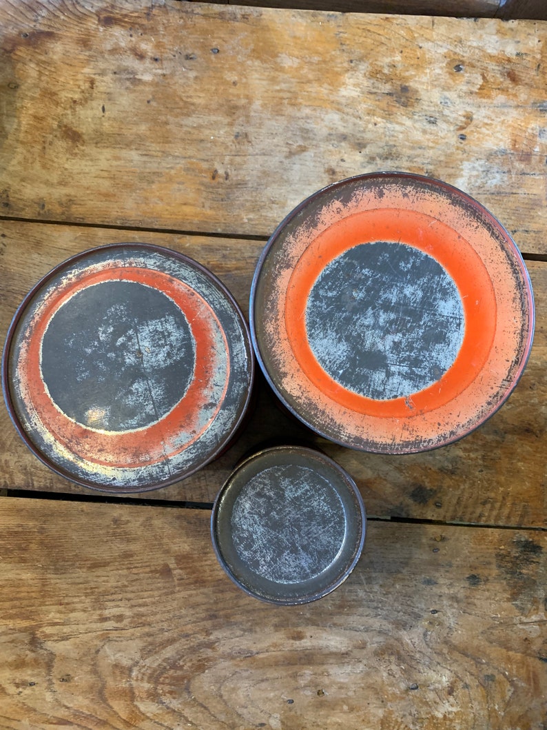 Vintage Heavy Tin/steel Unmarked Art Deco 3-can Canister Set - Red With ...