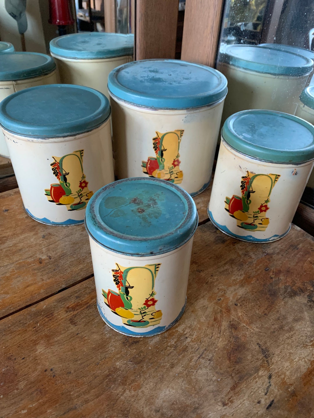 Vintage Unmarked 1940s Tin Canister Set - 4 Can - Southwestern Inspired ...