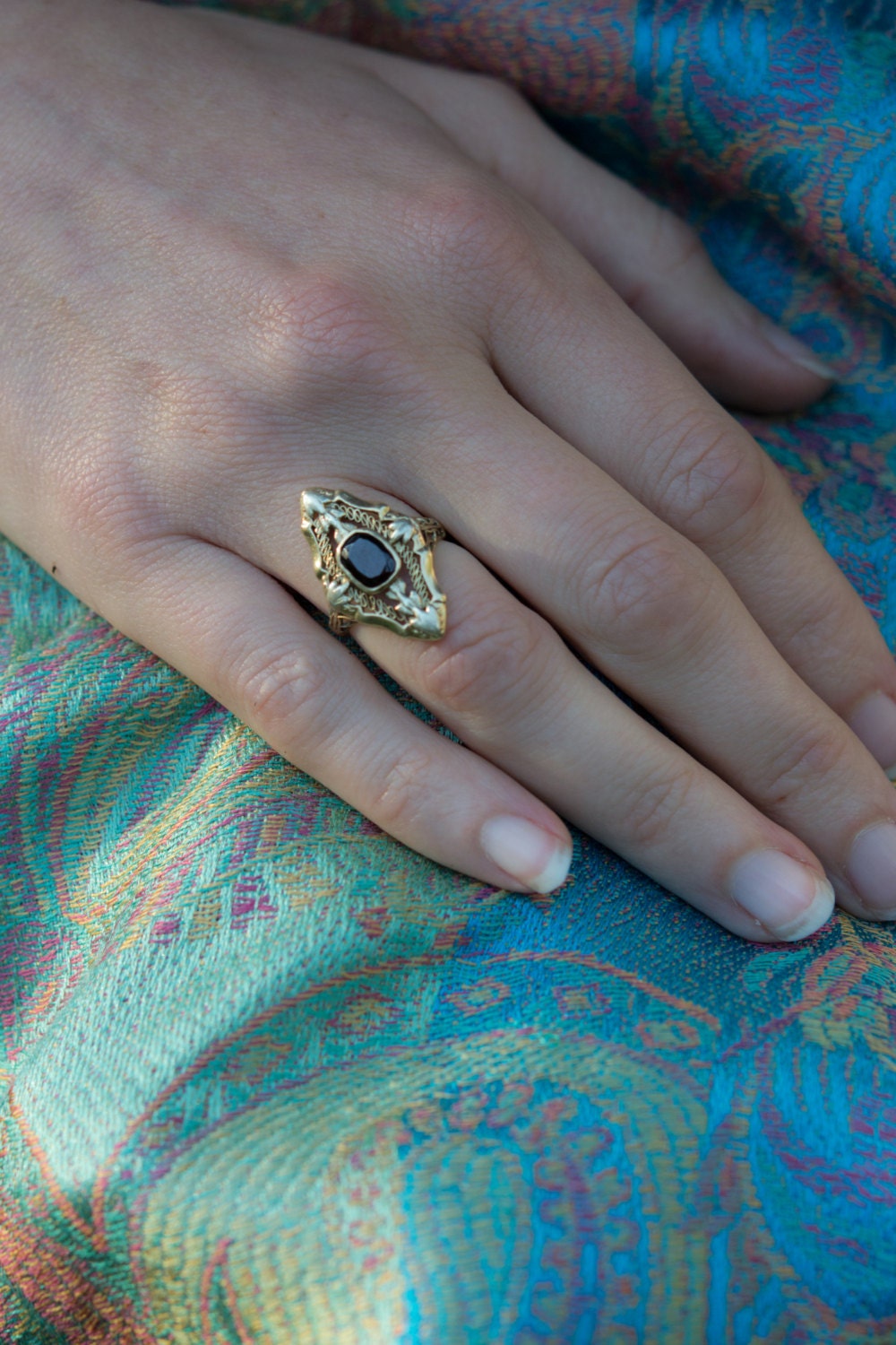 Whimsical 1920s Navette Shaped Yellow Gold Filigree Ring With Oval Red ...