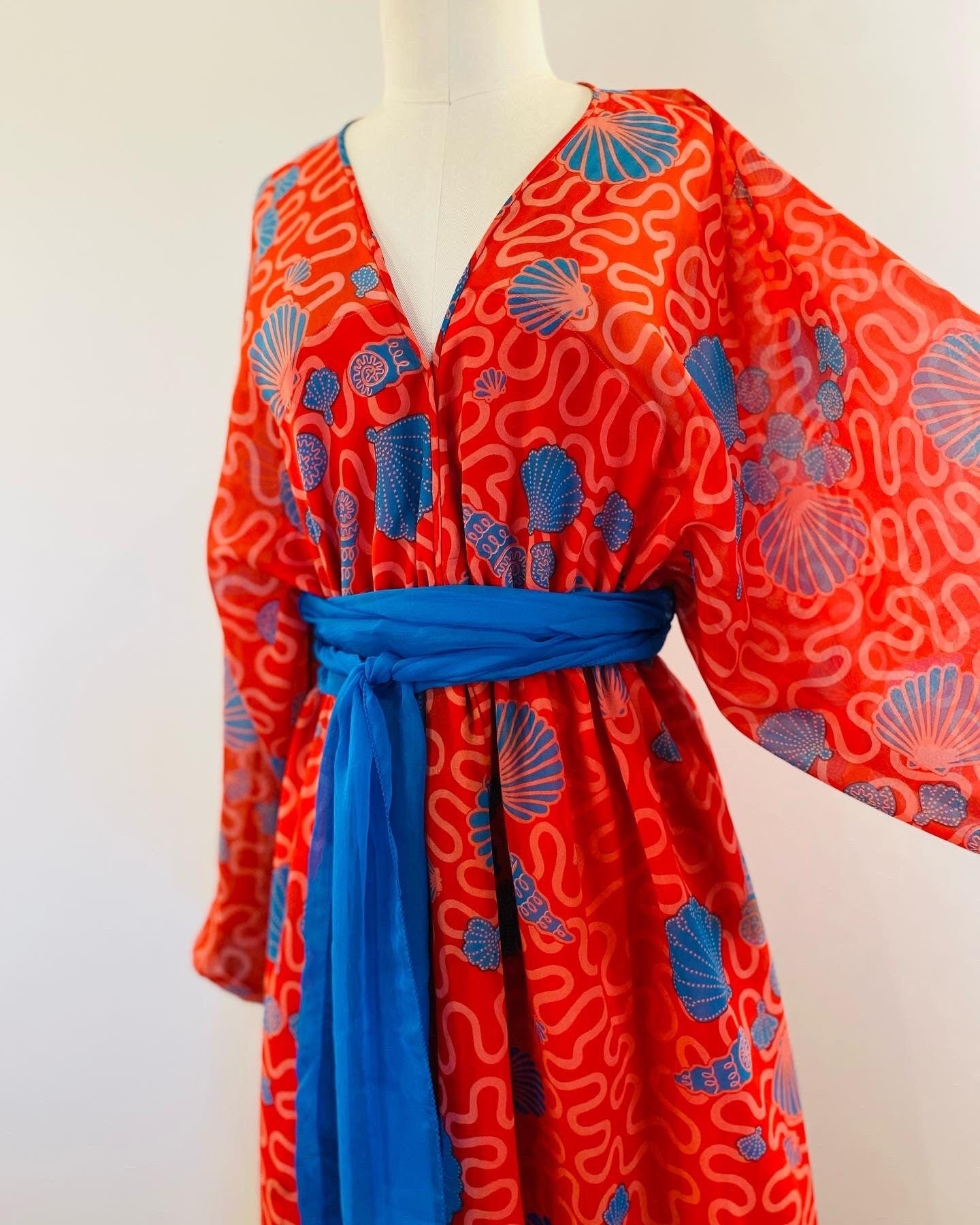 Zandra RHODES 70s Red Chiffon Wiggle Shell Maxi Dress Gown Signed Sash ...