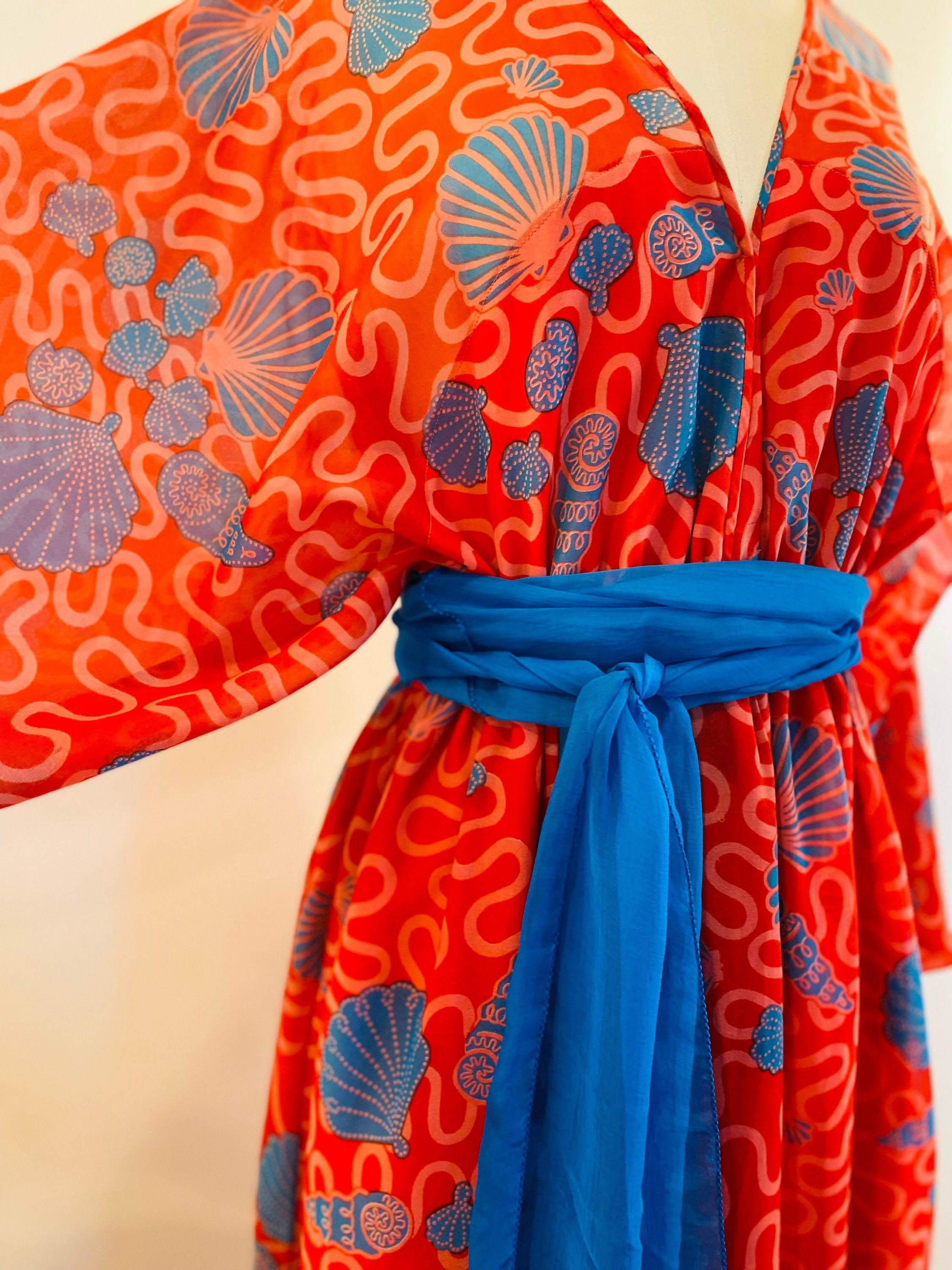 Zandra RHODES 70s Red Chiffon Wiggle Shell Maxi Dress Gown Signed Sash ...