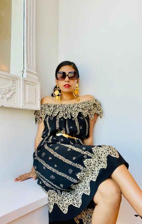 70s Zandra RHODES London Silk Iconic Print Black off … - Gem