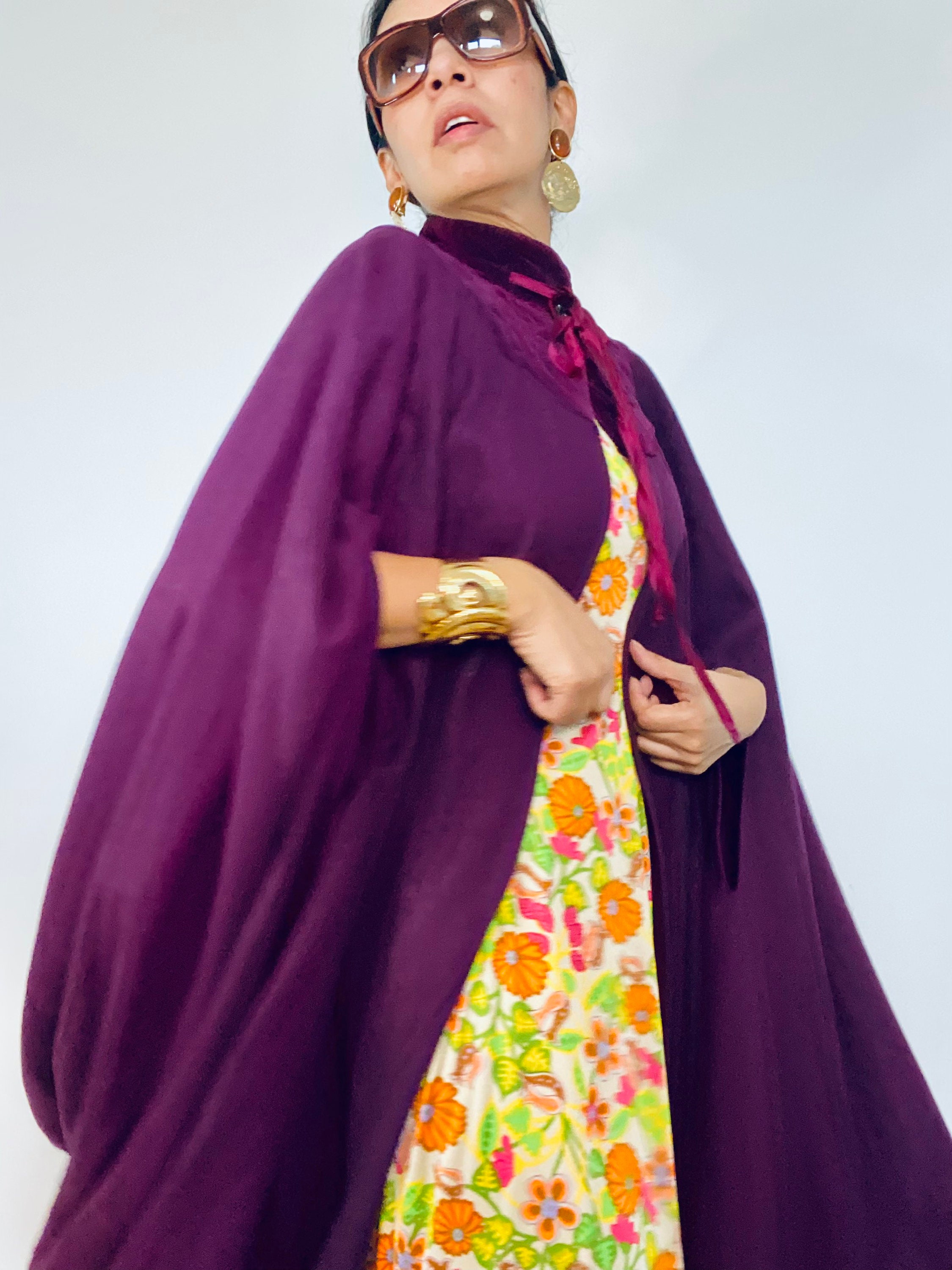 70s Gianni Versace Plum Purple Wool Cape Quilted Neck Top Coat - Etsy