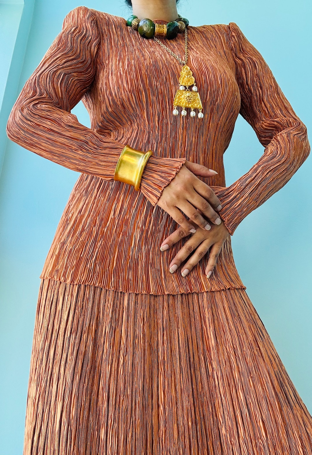 Mary Mcfadden Couture Long Sleeve Maxi Pleated Ensemble - Etsy