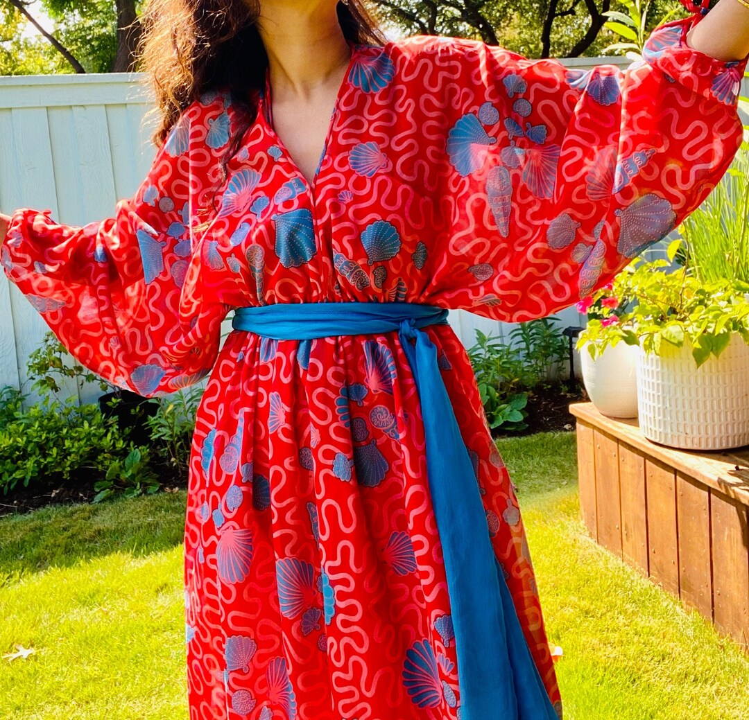 Zandra RHODES 70s Red Chiffon Wiggle Shell Maxi Dress Gown Signed Sash ...