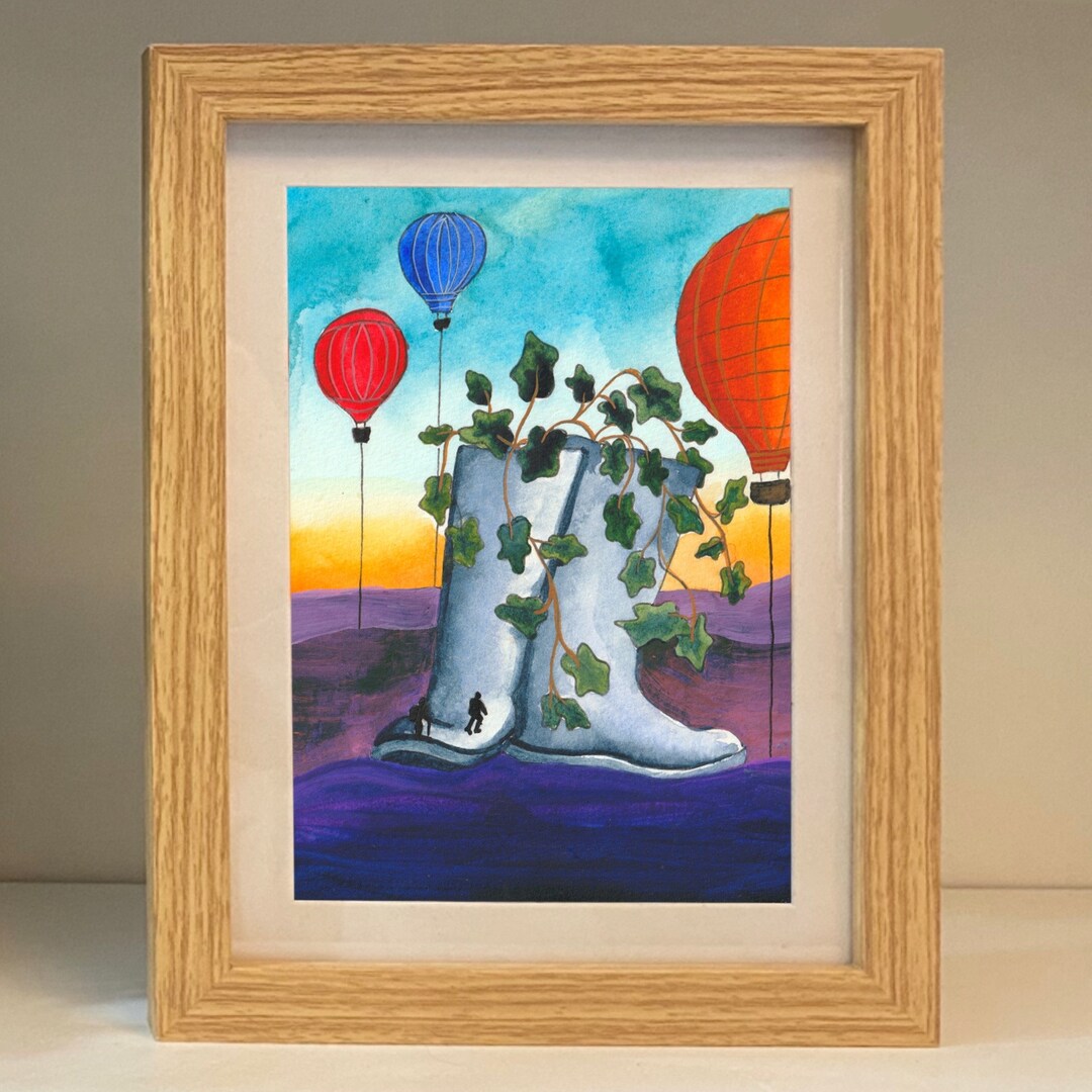 Welly Boot Mountain Print Surrealism Floral Watercolour Painting Wall ...