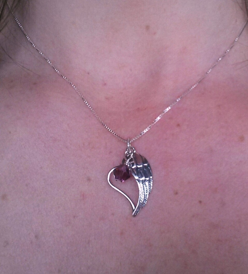 Sterling Silver Angel Wing Heart Necklace, Swarovski Birthstone - Etsy