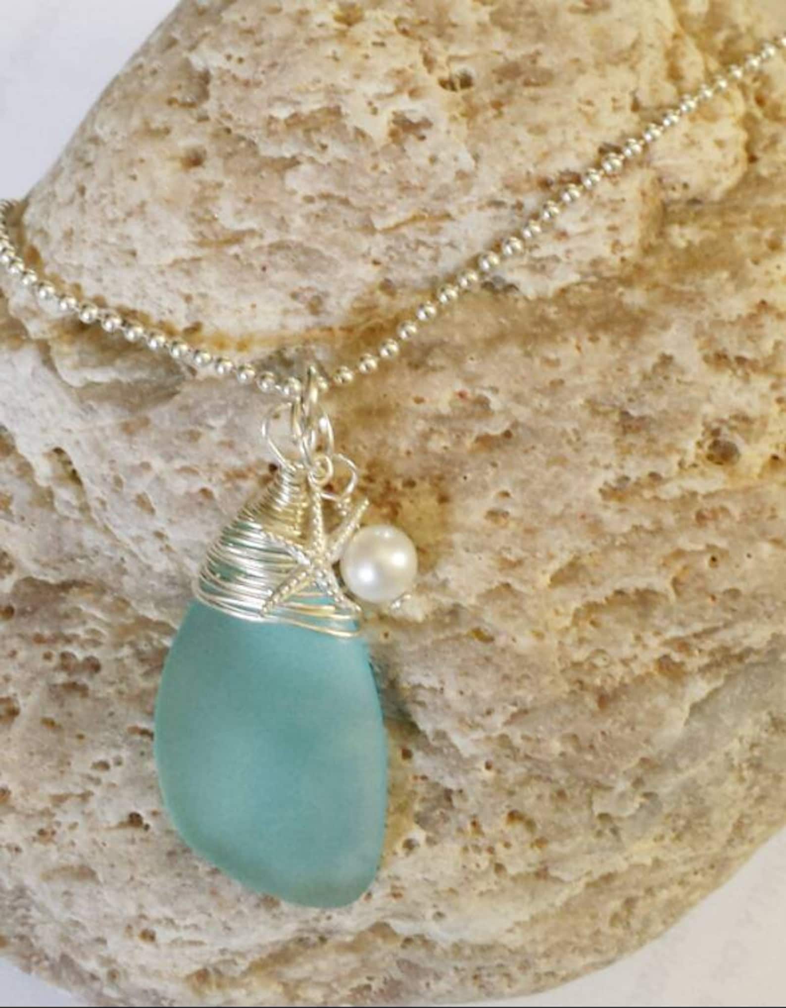 Sterling Silver Aqua Glass Necklace, Pearl Starfish Charm - Etsy