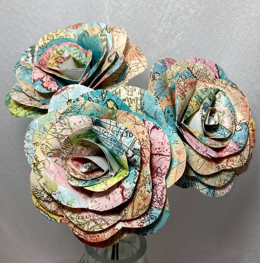 Paper Map Roses 3 Stems Cut by Hand From Bright Multi Colored Paper - Etsy
