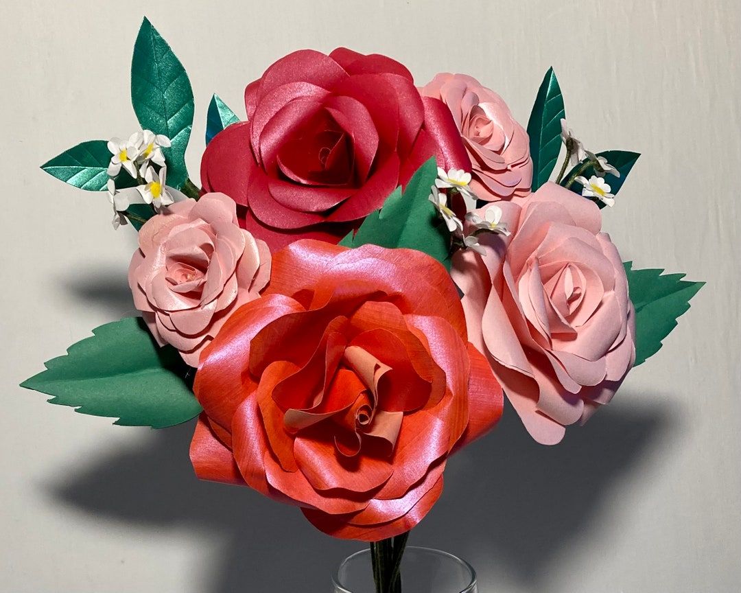 Paper Rose Flower Bouquet; Pink & Red Blooms; Floral Arrangement ...