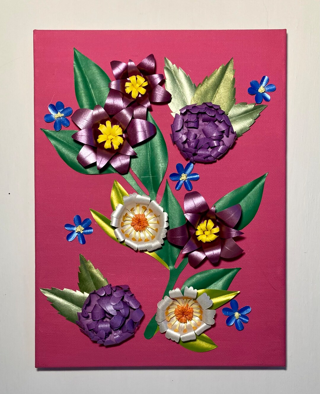 Paper Flower Painting on 9x12 Pink Acrylic Canvas Purple, White and ...