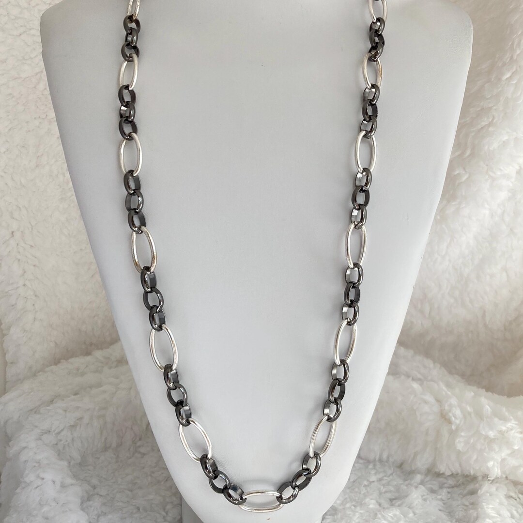 Liz Claiborne Chunky Chain Necklace, Black & Silver Long Chain Link ...