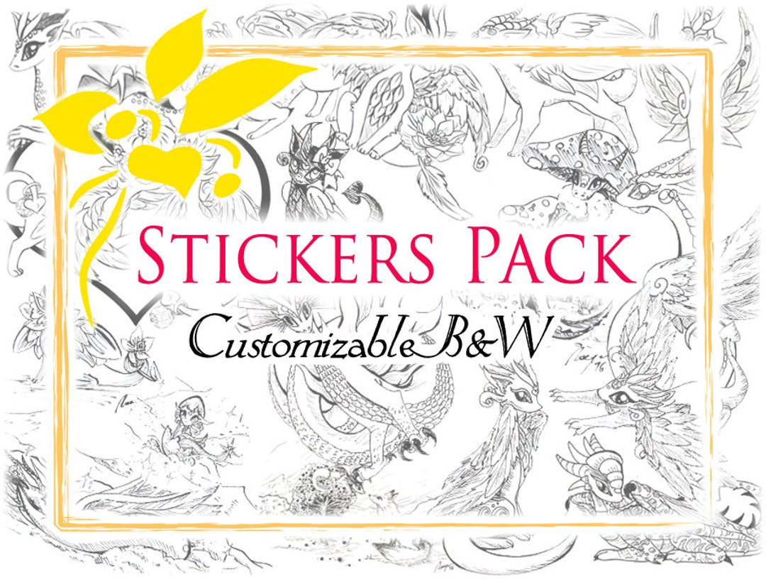 B&W Customizable Stickers Pack. Original Fantasy Illustrations With ...