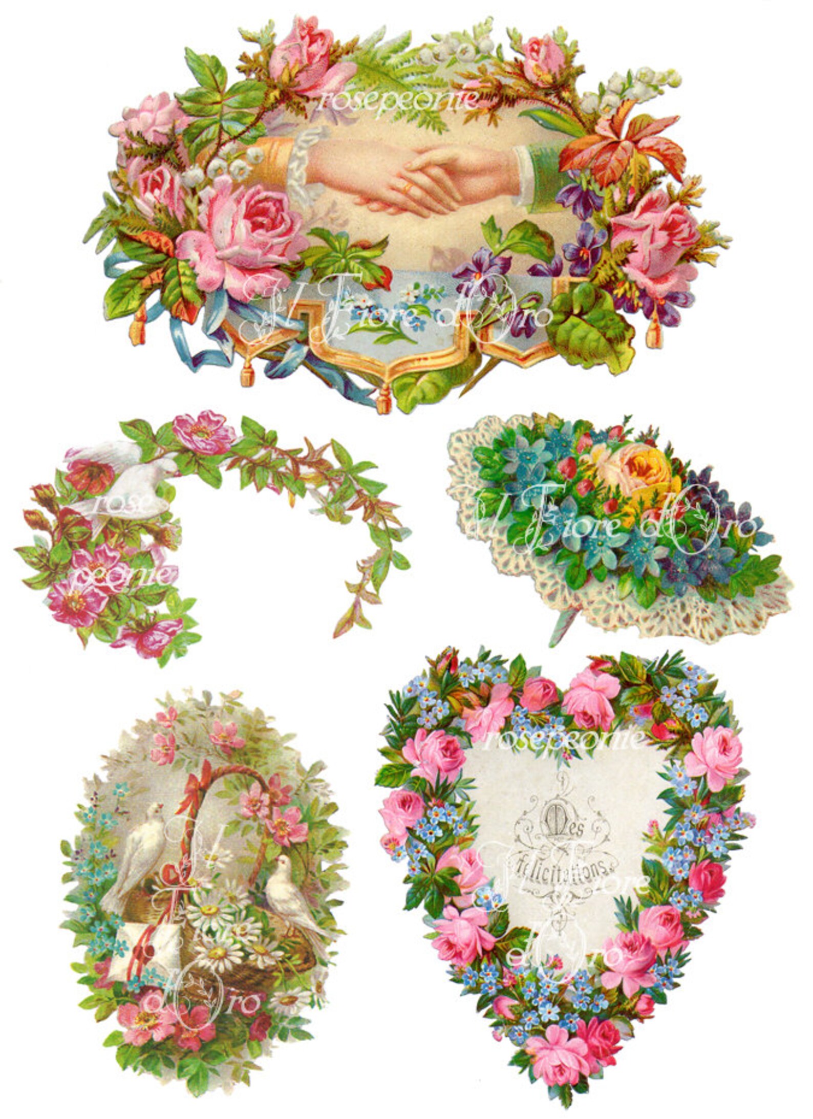 Victorian Wedding Romantic Wreaths Frames With Doves and Flowers Pack ...