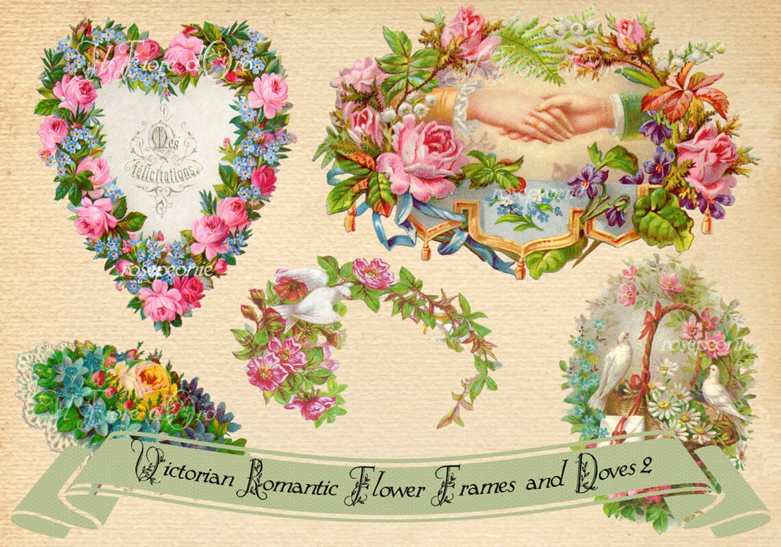 Victorian Wedding Romantic Wreaths Frames With Doves and Flowers Pack ...