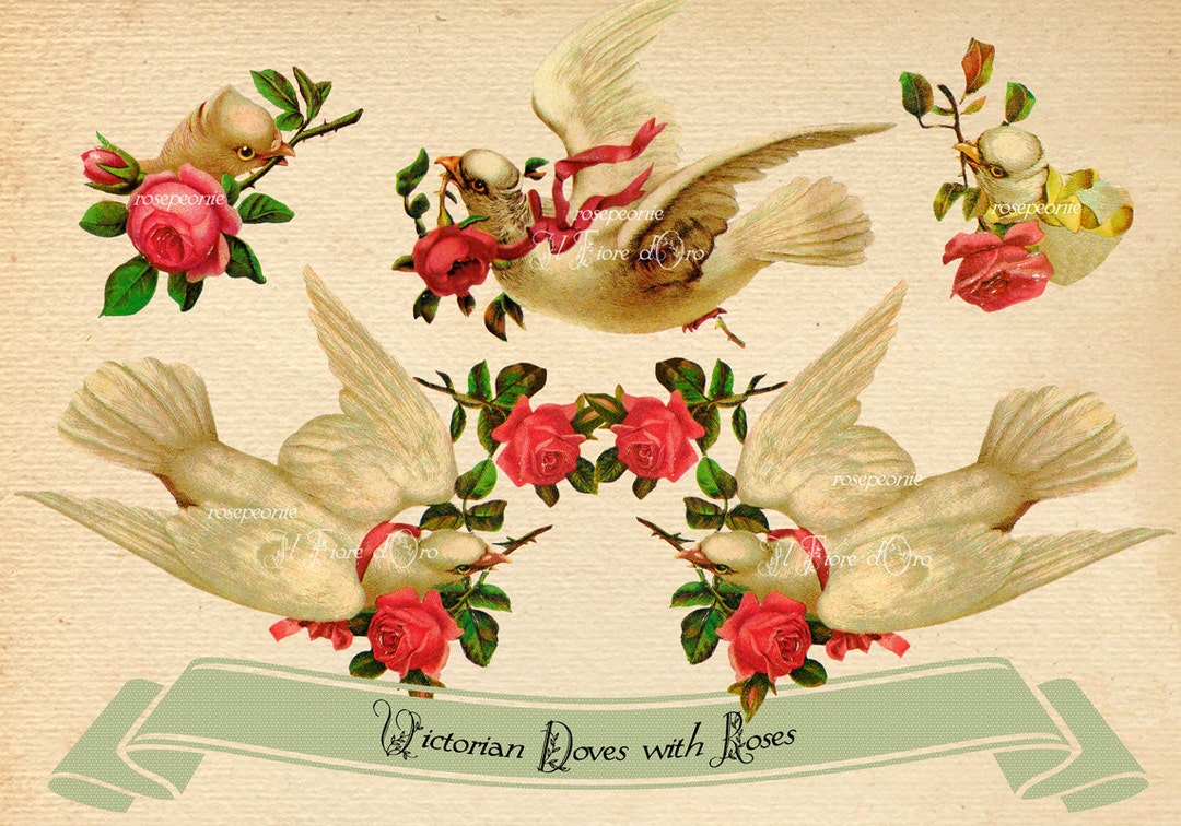 Vintage Victorian Doves With Roses - Romantic Collage Scrapbooking ...
