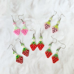 Beaded Brick Stitch Strawberry & Flower Earrings Indigenous Made ...