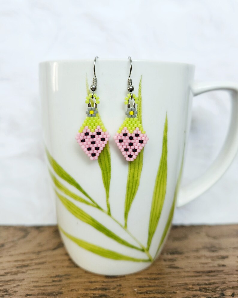 Beaded Brick Stitch Strawberry & Flower Earrings Indigenous Made ...