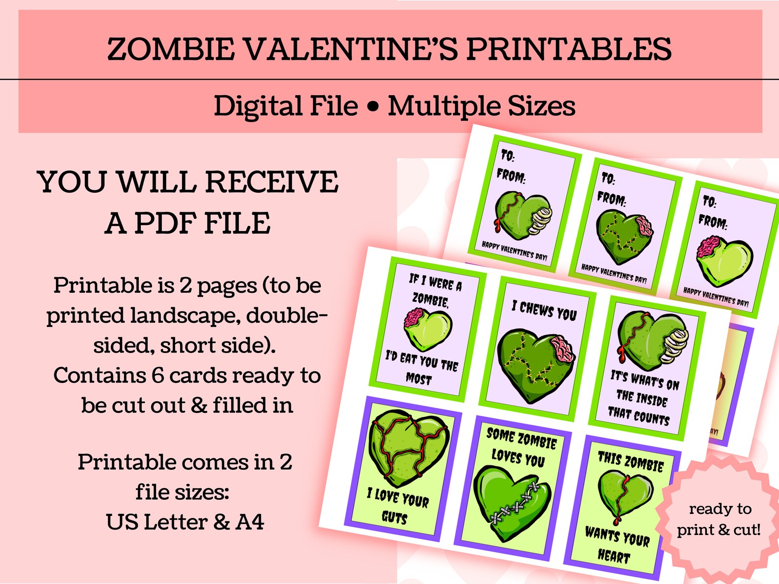 Zombie Valentine's Printable Cards DIGITAL FILE Multiple Sizes Great ...