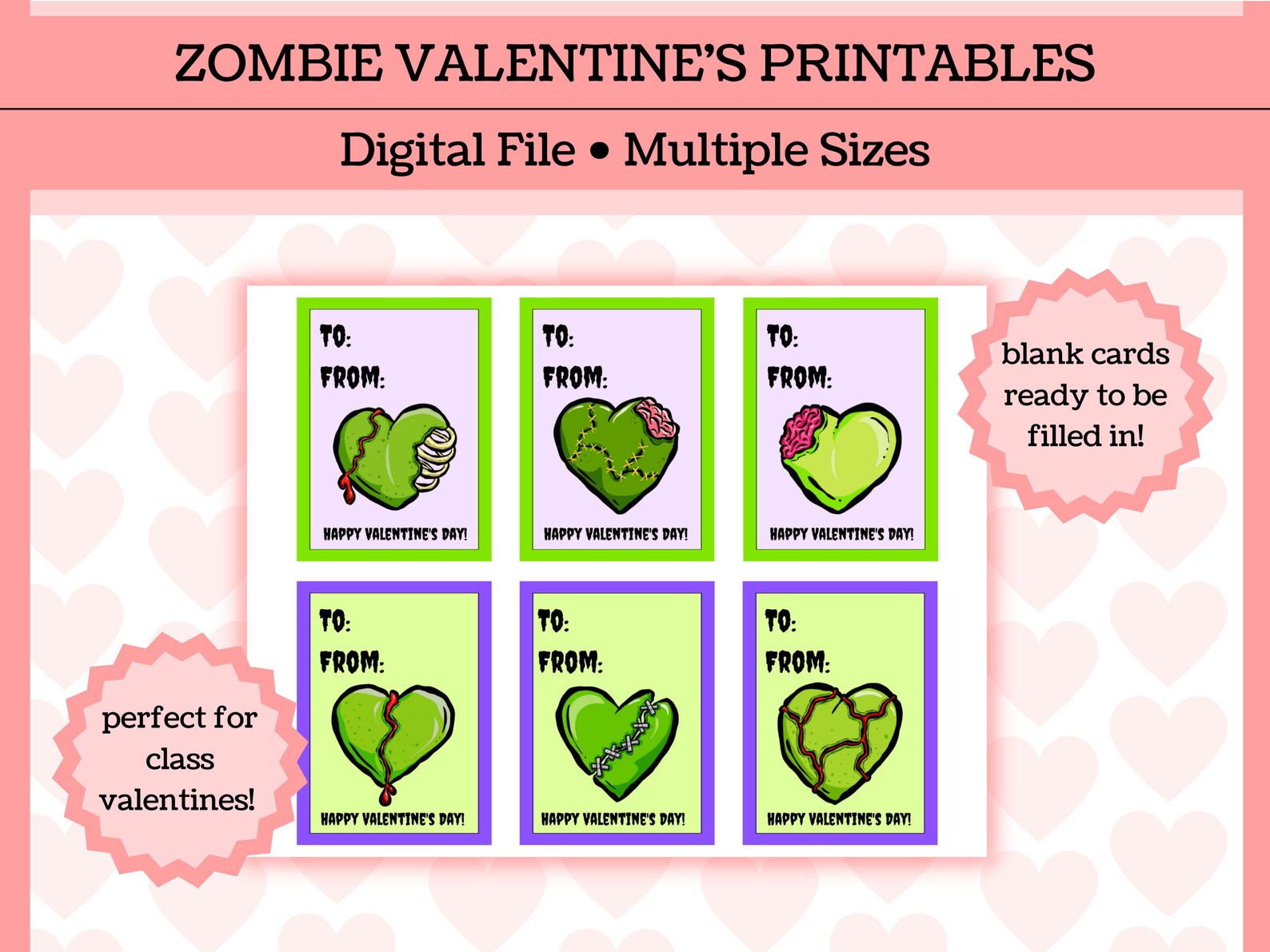 Zombie Valentine's Printable Cards DIGITAL FILE Multiple Sizes Great ...