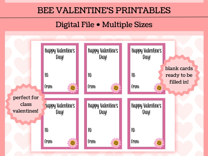 Bumble Bee Valentine's Printable Cards DIGITAL FILE Multiple Sizes ...
