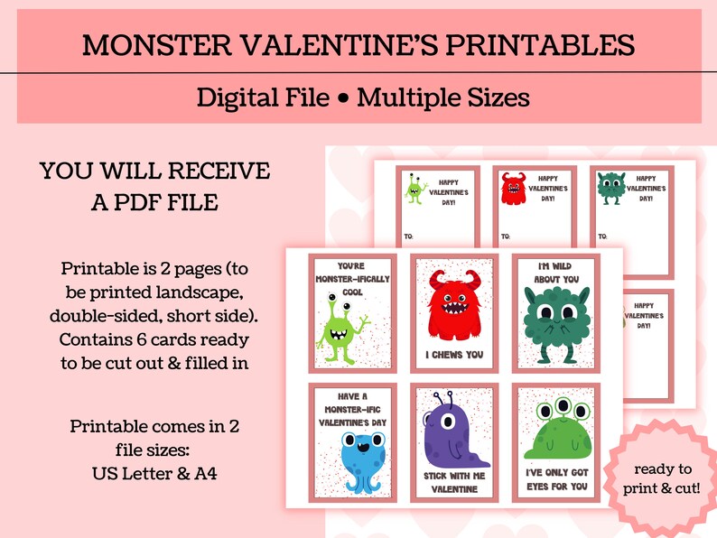 Monster Valentine's Printable Cards DIGITAL FILE Multiple Sizes Great ...